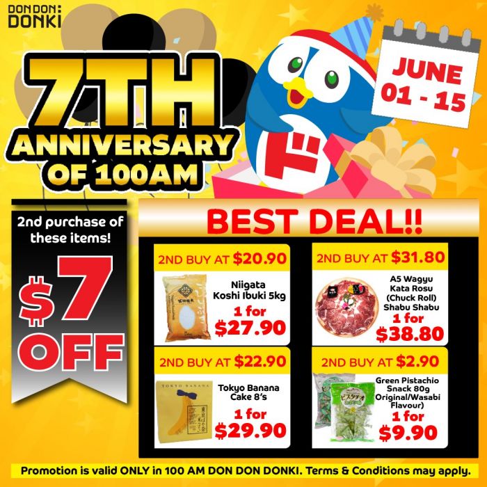 Don Don Donki 7th Anniversary Promotion at 100AM: $7 OFF 2nd Purchase & Best Deals (1-15 June 2025)